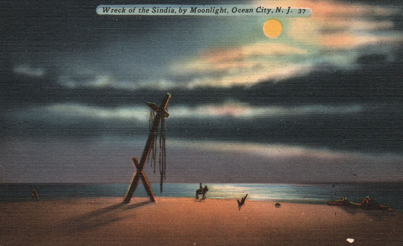Vintage Postcard Wreck Of The Sindia by Moonlight Ocean City New Jersey ...