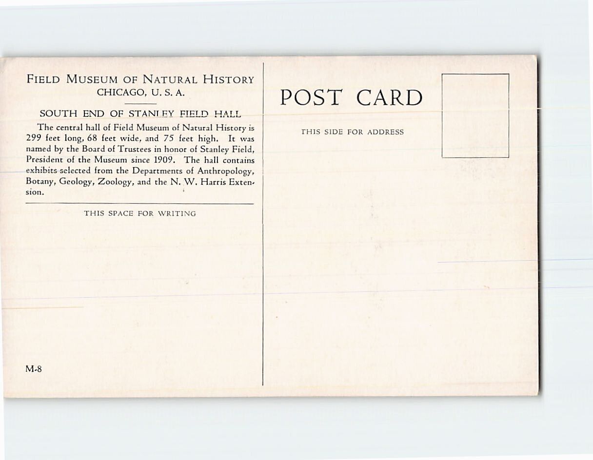 Postcard South End Of Stanley Field Hall, Field Museum, Chicago ...