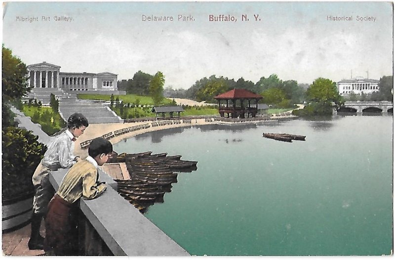 Delaware Park Buffalo New York Lake & Two Young Boys in Knickers ...