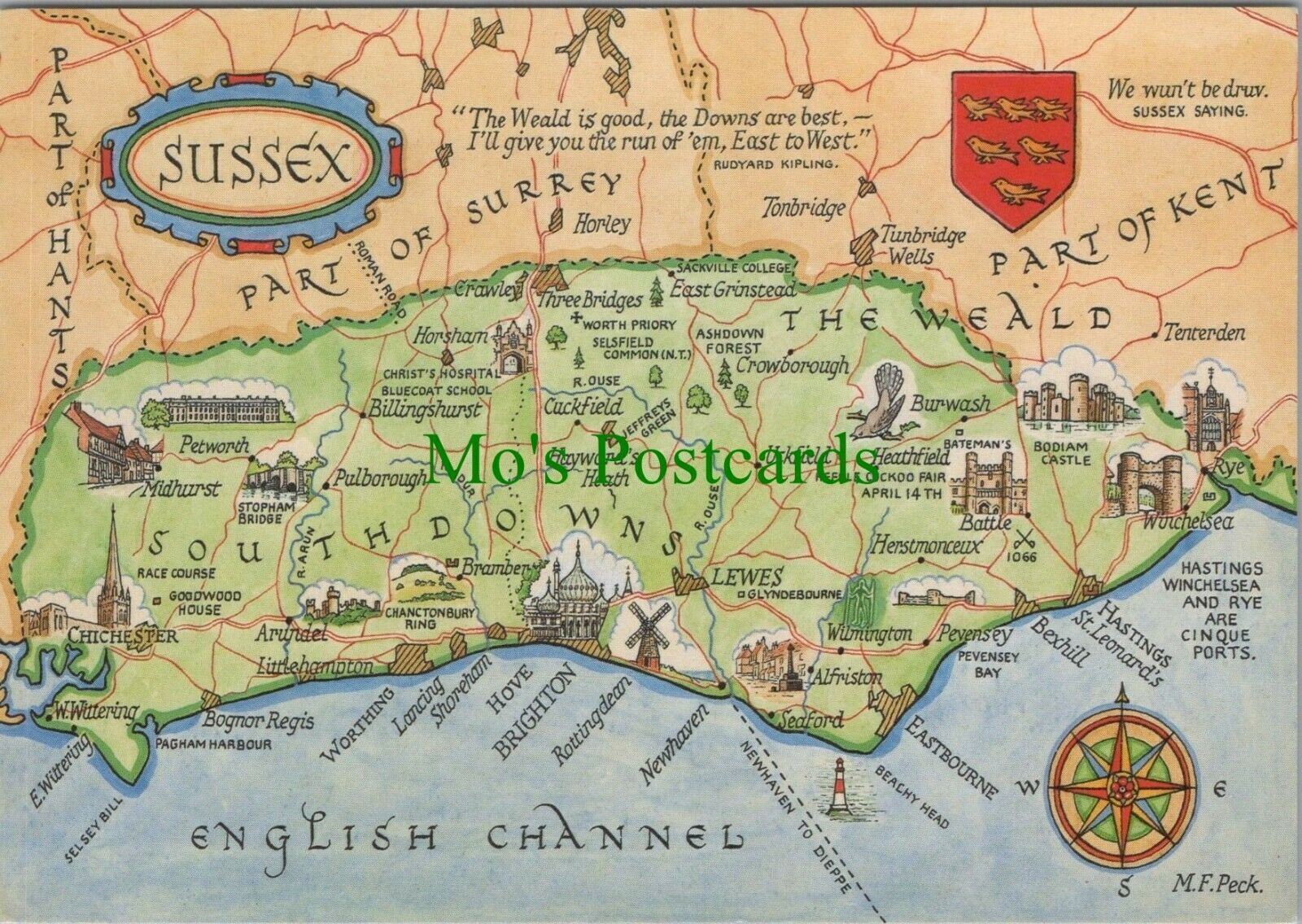 Maps Postcard - Map Showing The Southdowns, Sussex & English Channel RR12067 | Ephemera - Maps ...