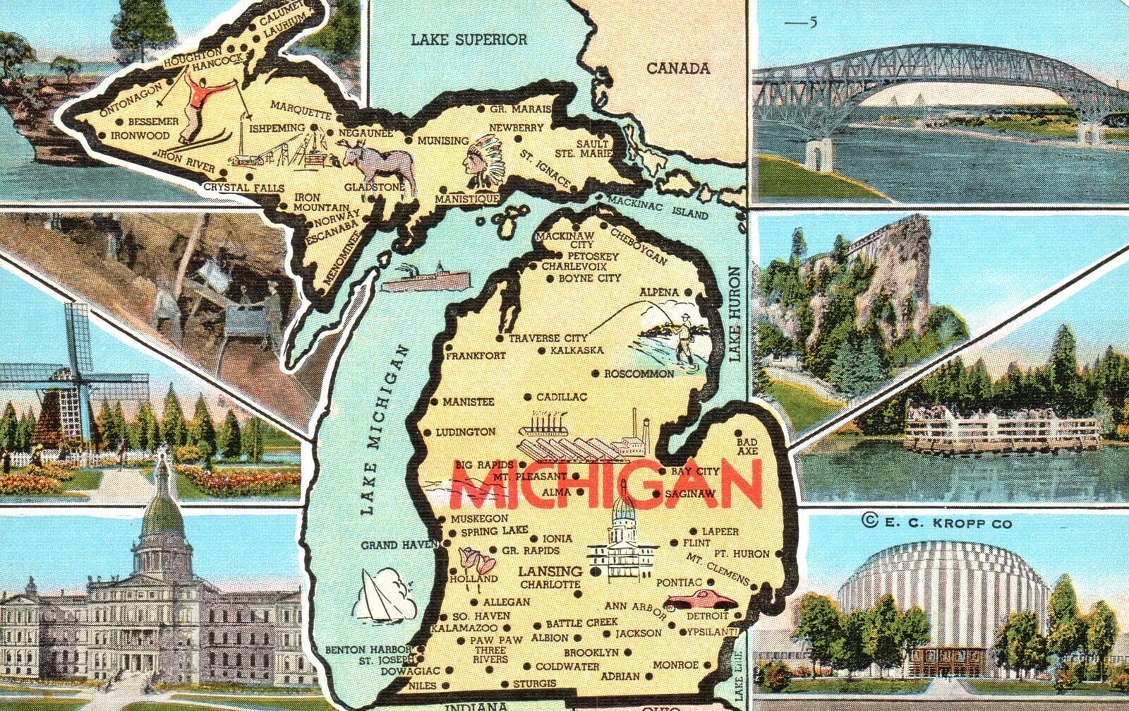Vintage Postcard State in The Great Lakes & Upper Midwestern US Map ...
