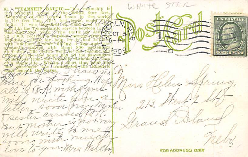 SS Baltic White Star Line 1909 | Topics - Other, Postcard / HipPostcard