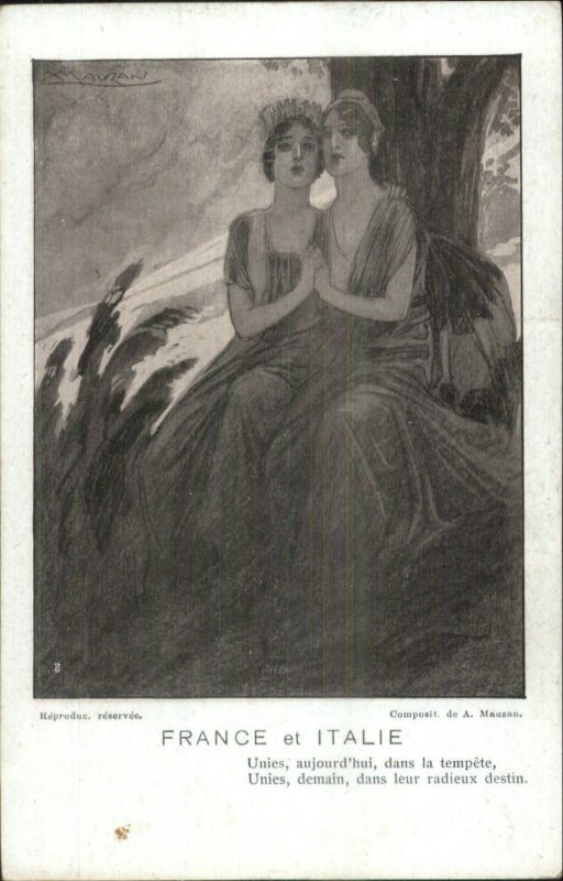 Mauzan - WWI Propaganda France & Italy Unity Beautiful Women c1915 ...