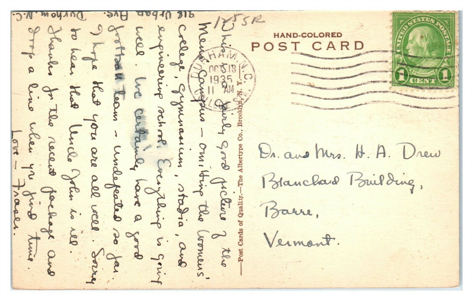 1935 Duke University, Durham, NC Hand-Colored Postcard *6L(3)35 ...