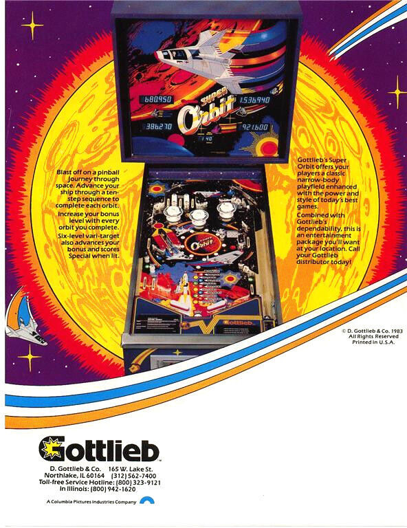 Super Orbit Pinball Machine Flyer 1983 Original NOS Arcade Game Retro ...