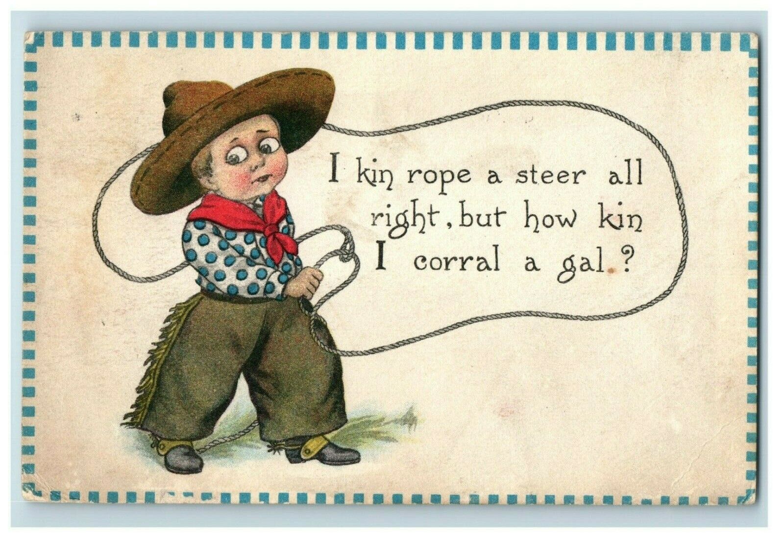 Circa 1910 Cute Young Cowboy Lasso Rope A Steer Corral A Gal Postcard ...