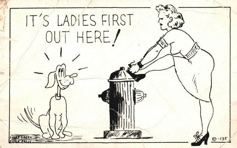 Vintage Postcard Its Ladies First Out Here Comic Dog And The Lady Tying ...