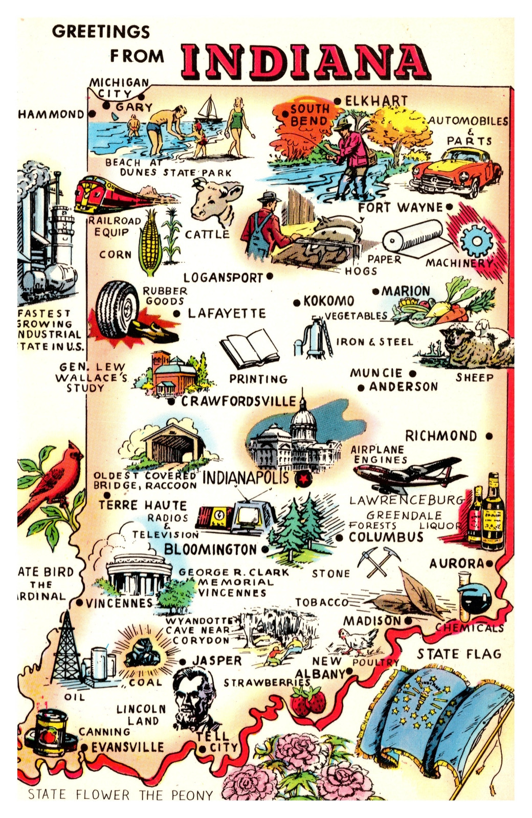 Postcard Map IN - Indiana State Map Card - Fastest Growing Industrial ...