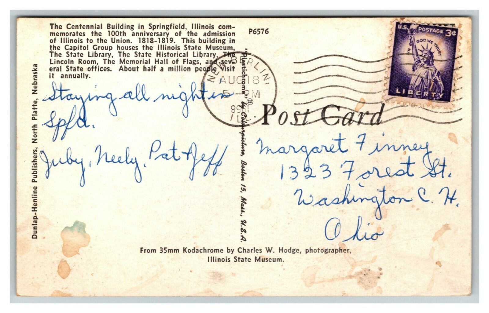 Vintage 1958 Postcard Centennial Building Museum & Library Springfield ...