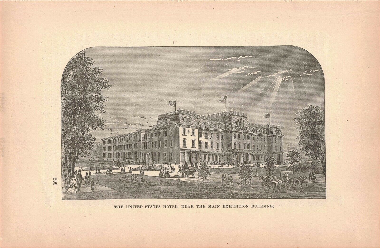 1876 Victorian Engraving Carriages at United States Hotel Philadelphia ...