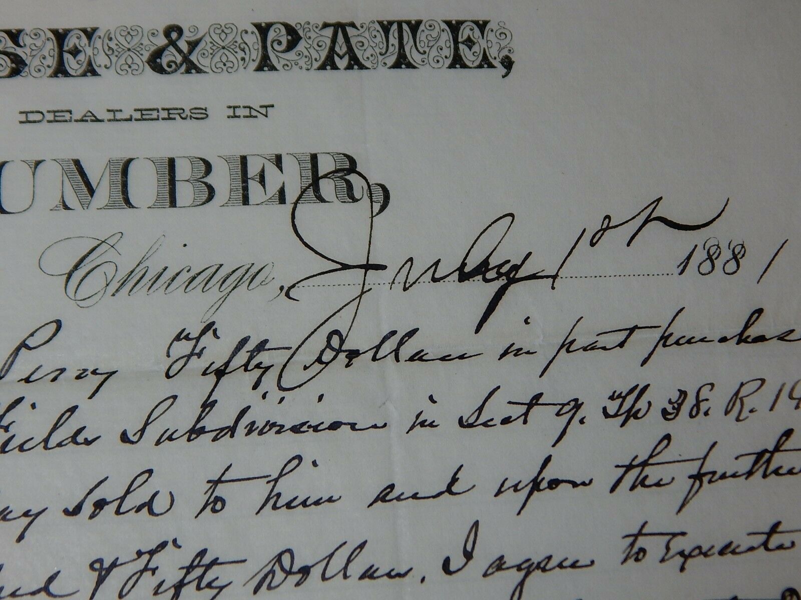 1881 Chase & Pate Lumber Chicago Illinois Payment Receipt Letterhead ...