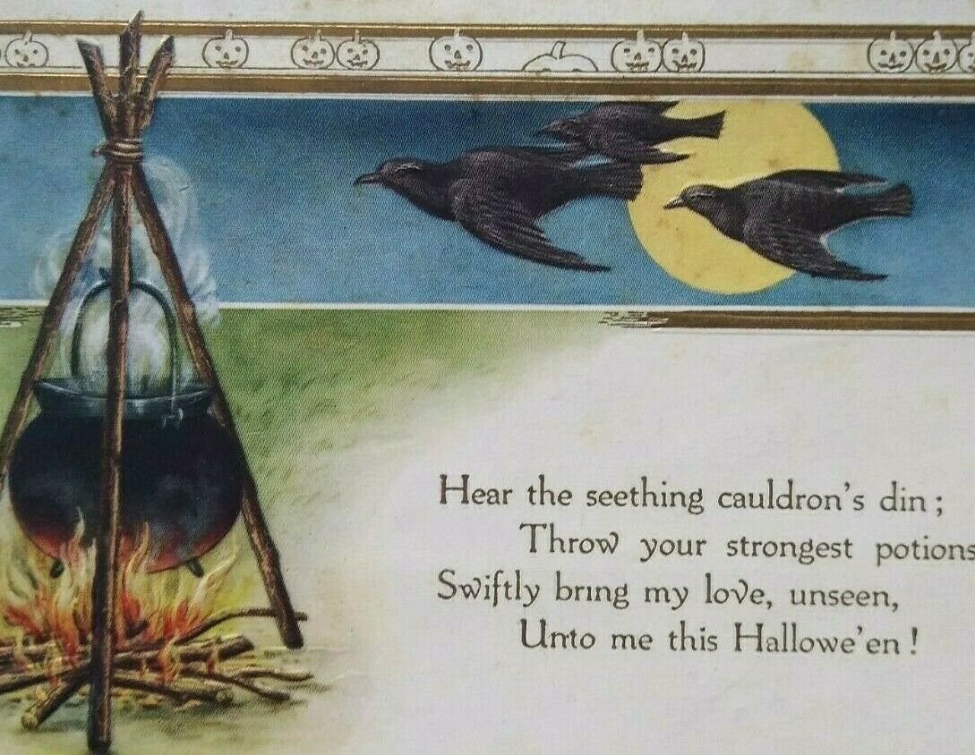 Vintage Halloween Postcard Crows Flying Cauldron With Potions Whitney ...