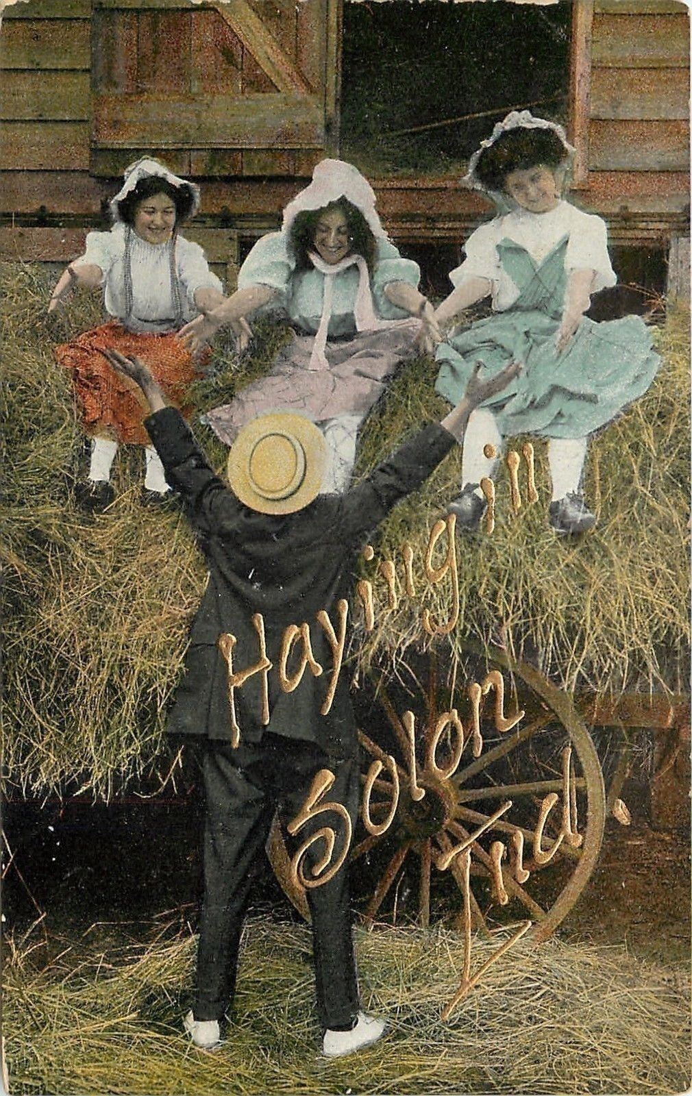 Solon Indiana~Hick w/Straw Hat Has 3 Farm Girls to Pick From~Hay Wagon ...
