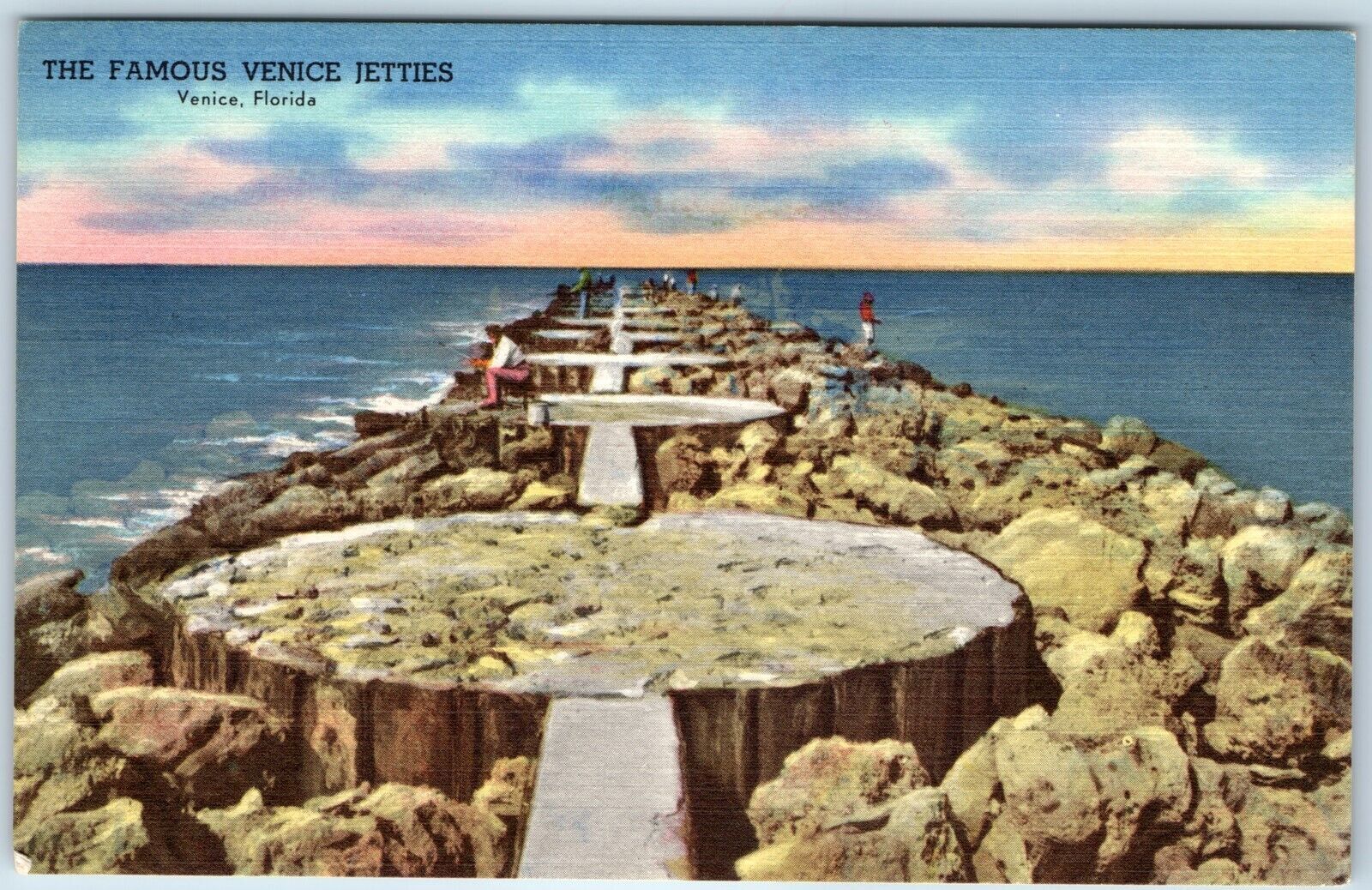 c1940s Venice, FL Famous Jetties Rock Pier Fishing Fishermen Atlantic ...