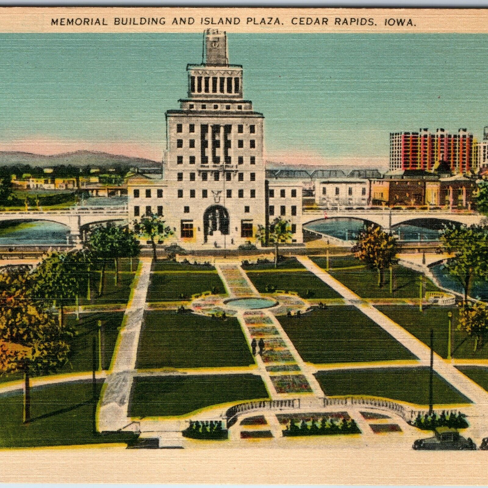 c1940s Cedar Rapids, IA Memorial Building Island Plaza Park Landscaping ...