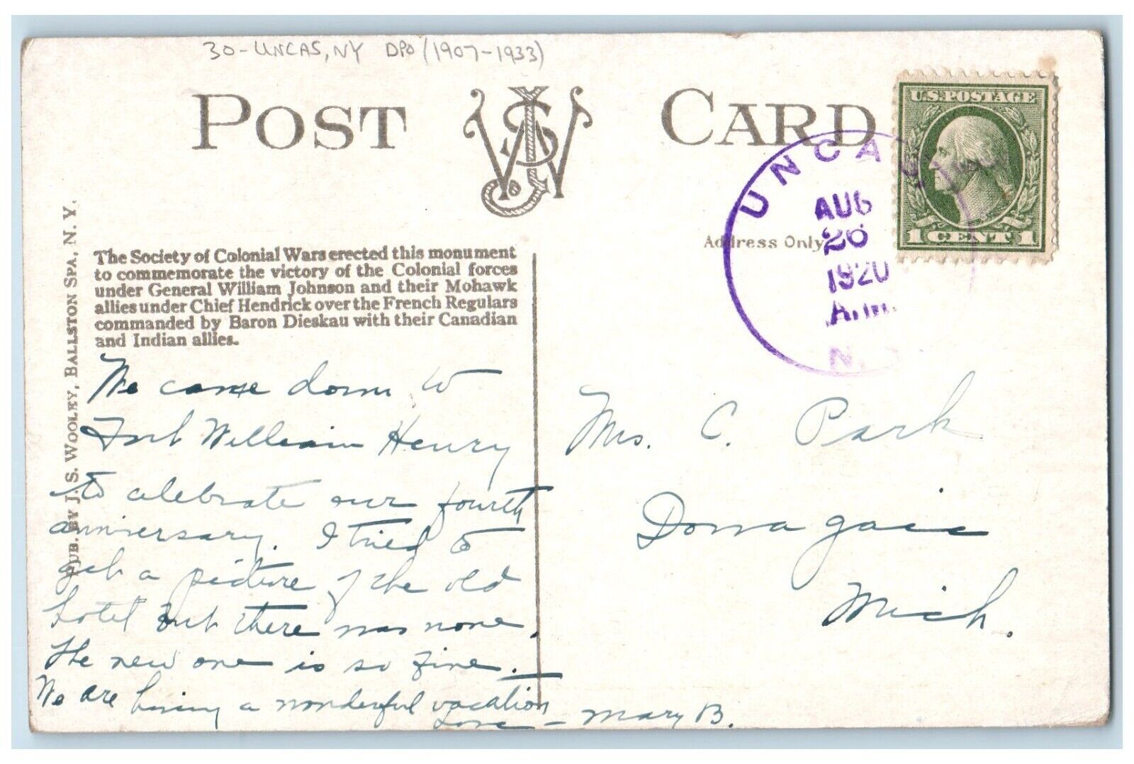 DPO (1907-1933) Uncas New York Postcard Monument Commemorate Battle ...