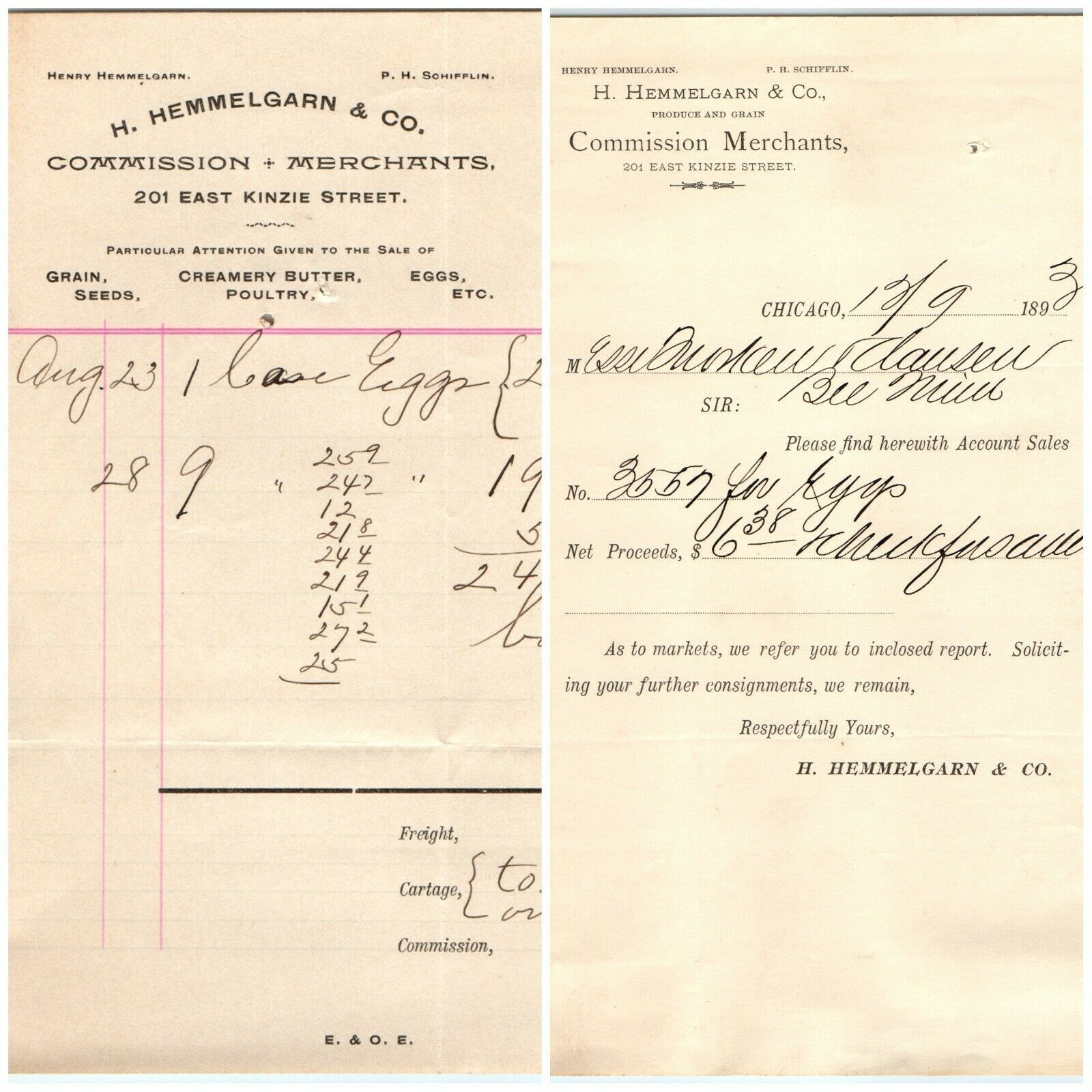 x2 LOT 1893 Chicago IL Hemmelgarn Market Letterhead Receipt Invoice ...