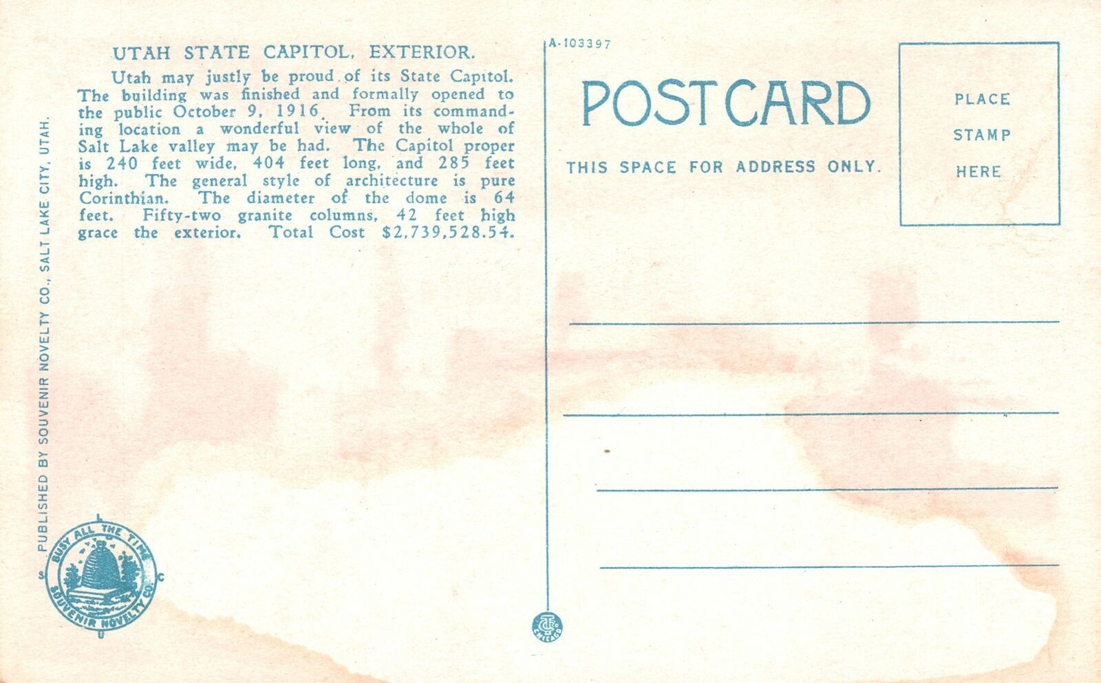 Vintage Postcard Utah State Capitol Corinthian Architecture Salt Lake ...