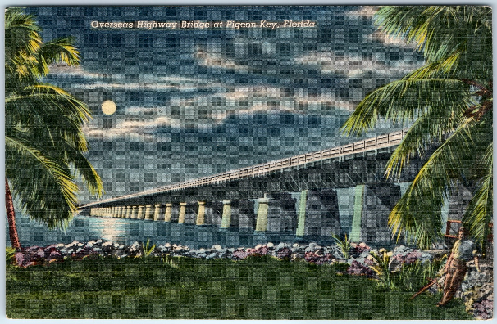 c1940s Pigeon Key, FL Night Scene Highway Seven Mile Bridge Linen PC 7 ...