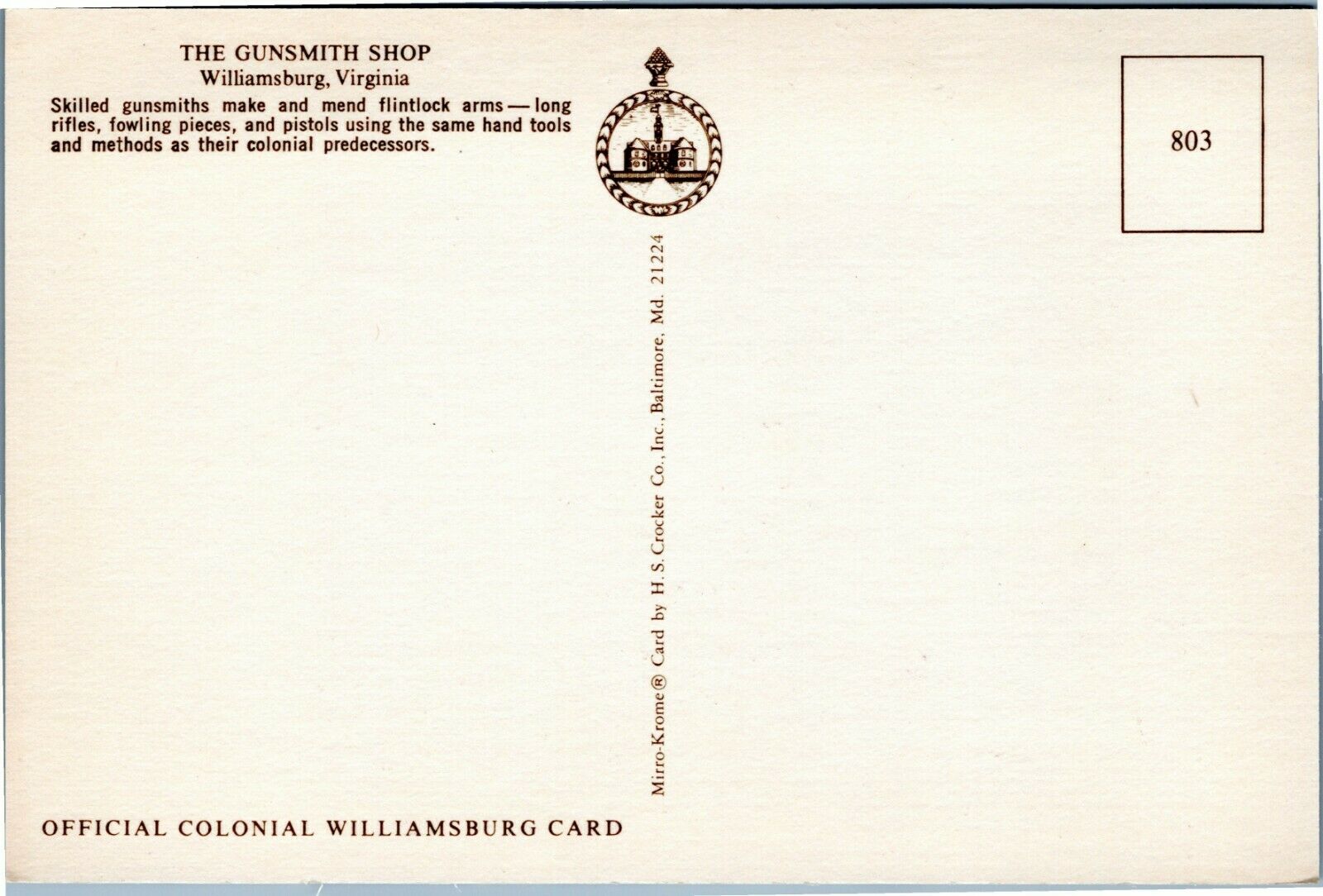 Colonial Williamsburg: The Gunsmith Shop, Virginia postcard | United ...