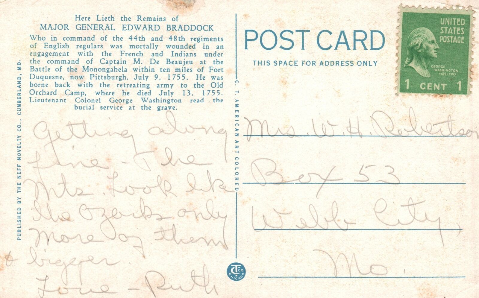 Vintage Postcard General Braddock's Grave & Monument Uniontown ...