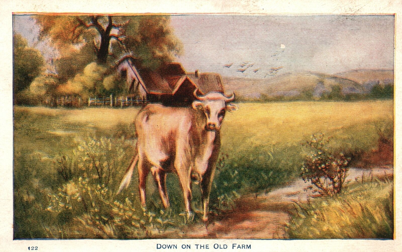 Vintage Postcard 1911 Down on The Old Farm Cow Cattle in Green Field ...