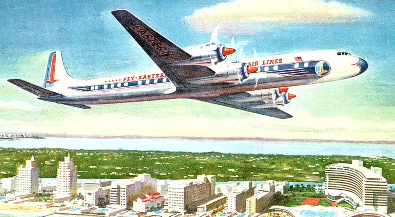 1950s Eastern AIR Lines Golden Falcon Dc-7B in Flight Postcard P1435 ...