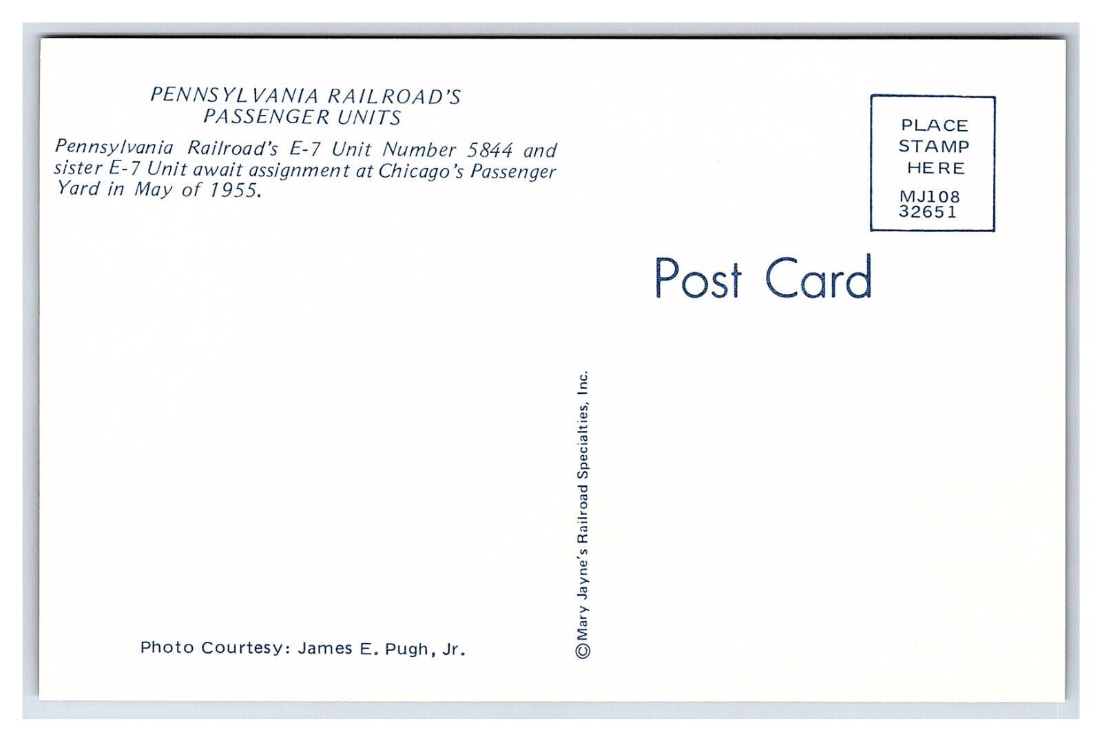 Pennsylvania's Railroad's E-7 Unit Number 5844 Chicago Postcard ...