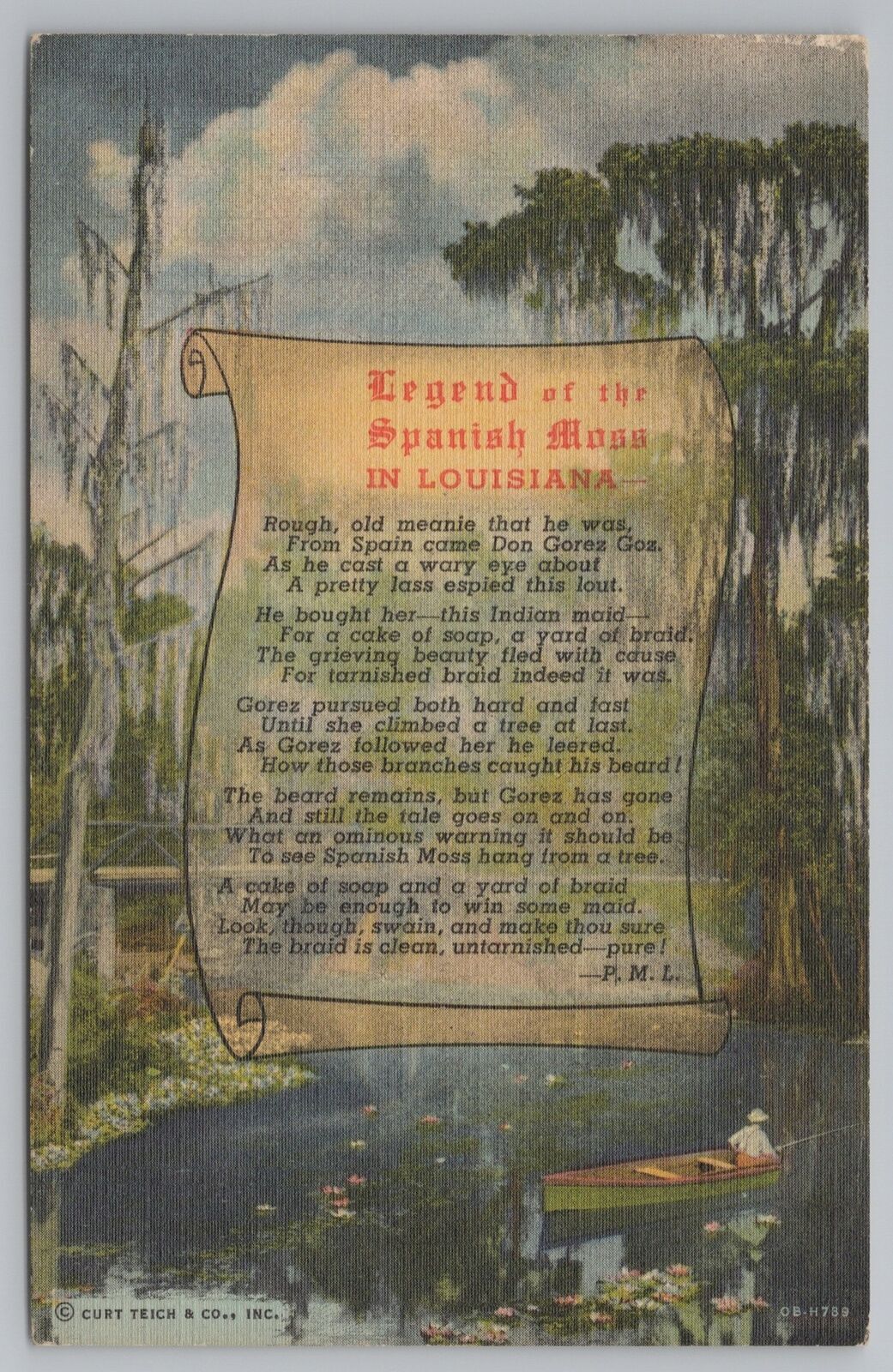 Louisiana~Legend of Spanish Moss Poem & View in Swamp~Linen Postcard ...