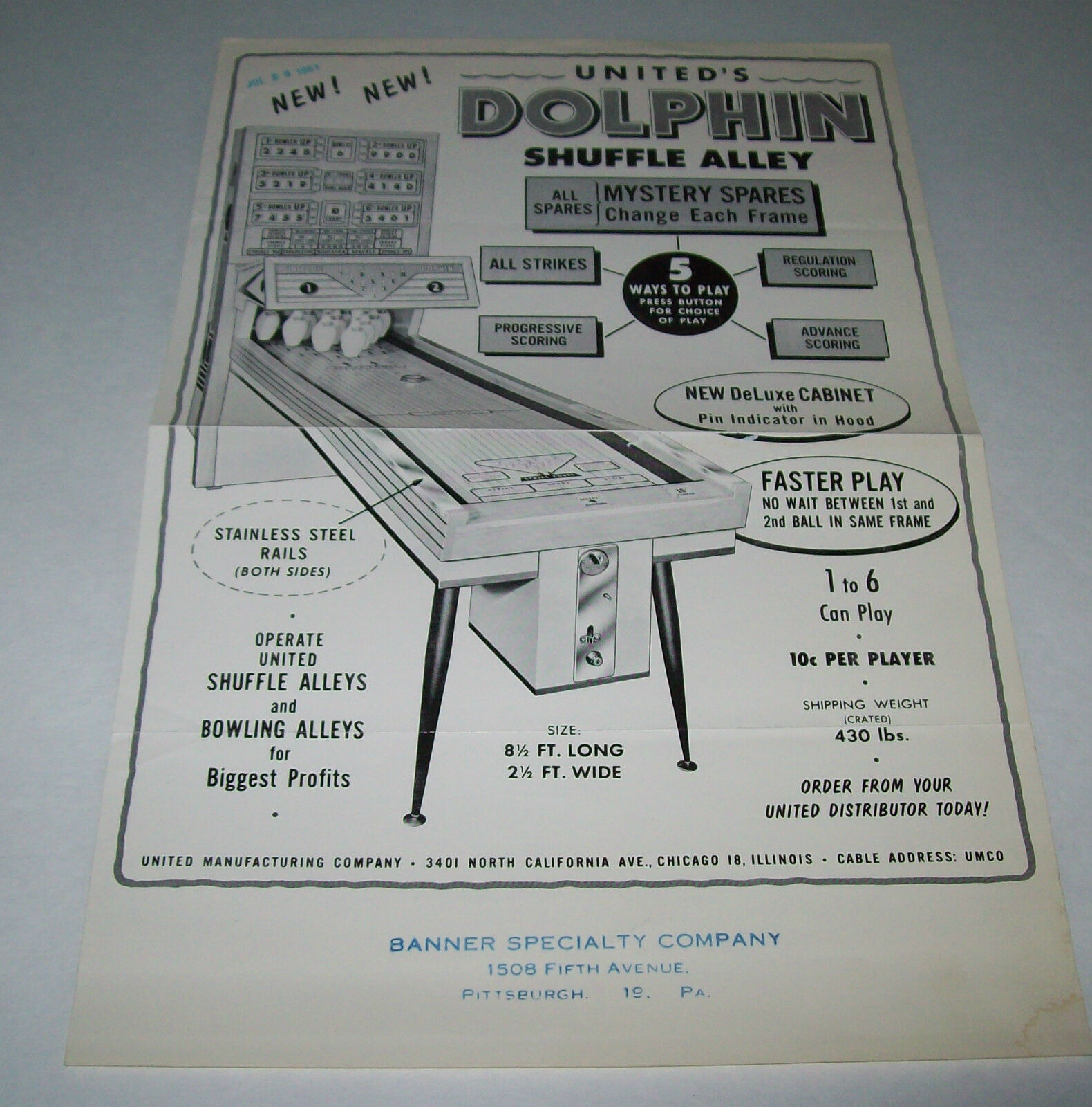 Dolphin Original Shuffle Alley Bowing Game Sales Flyer Vintage Retro ...