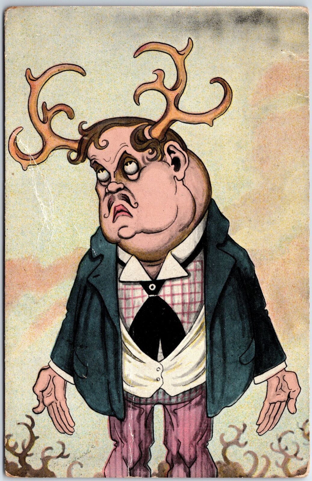 Vintage Postcard Charicature MAN With Antlers in Despair Humor C. 1910 ...