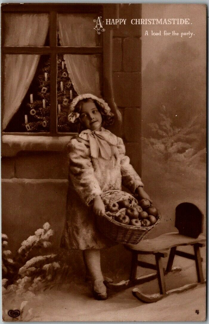 Vintage 1918 EAS RPPC Postcard "A HAPPY CHRISTMASTIDE" Girl / Basket of ...