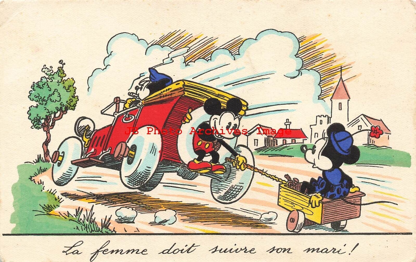 Disney, E Sepheriades Paris, Mickey Holding Rope Attached to Cart ...