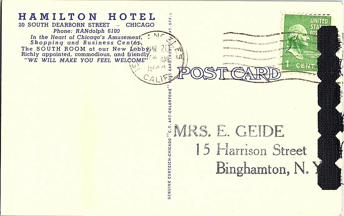 Hamilton Hotel Interior Lobby Chicago ILL. Vintage Postcard Standard ...