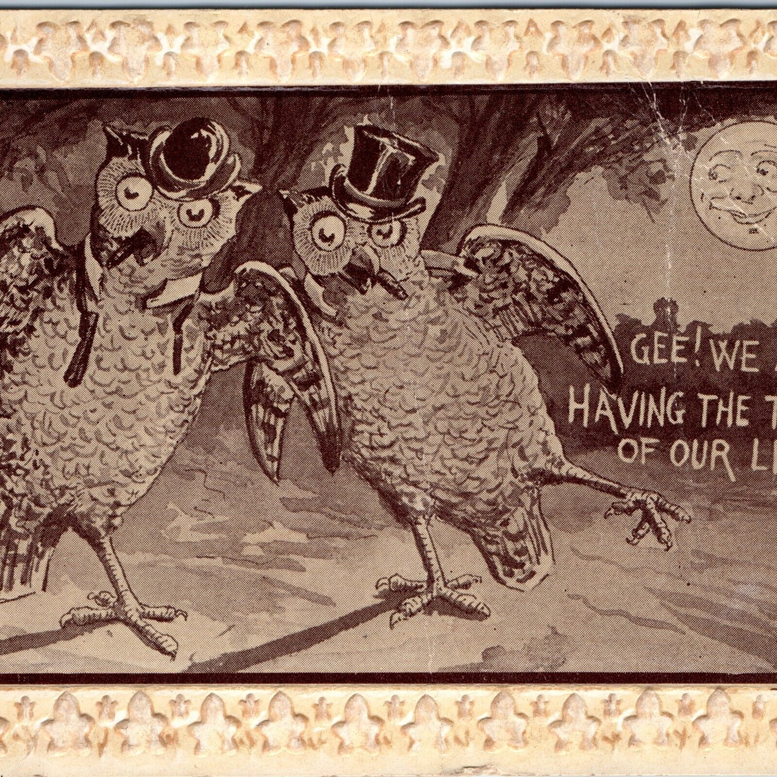 c1910s Anthropomorphic Owls Dancing Smoke Cigar GEE! Postcard Time Moon ...