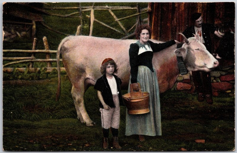 Mother And Child Harvesting Cow's Milk Cattle Raising Postcard | Europe ...