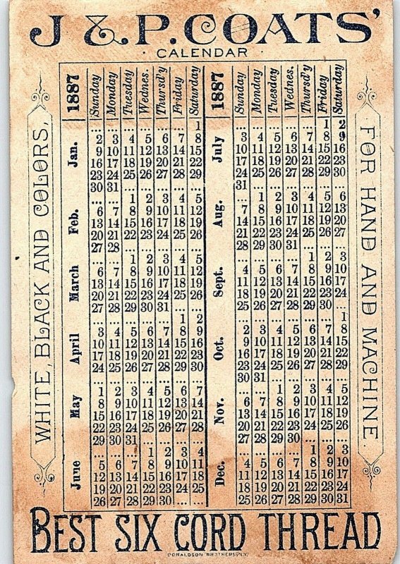 1887 J & P Coats Thread Calendar Kids Watching Clock Victorian Trade ...