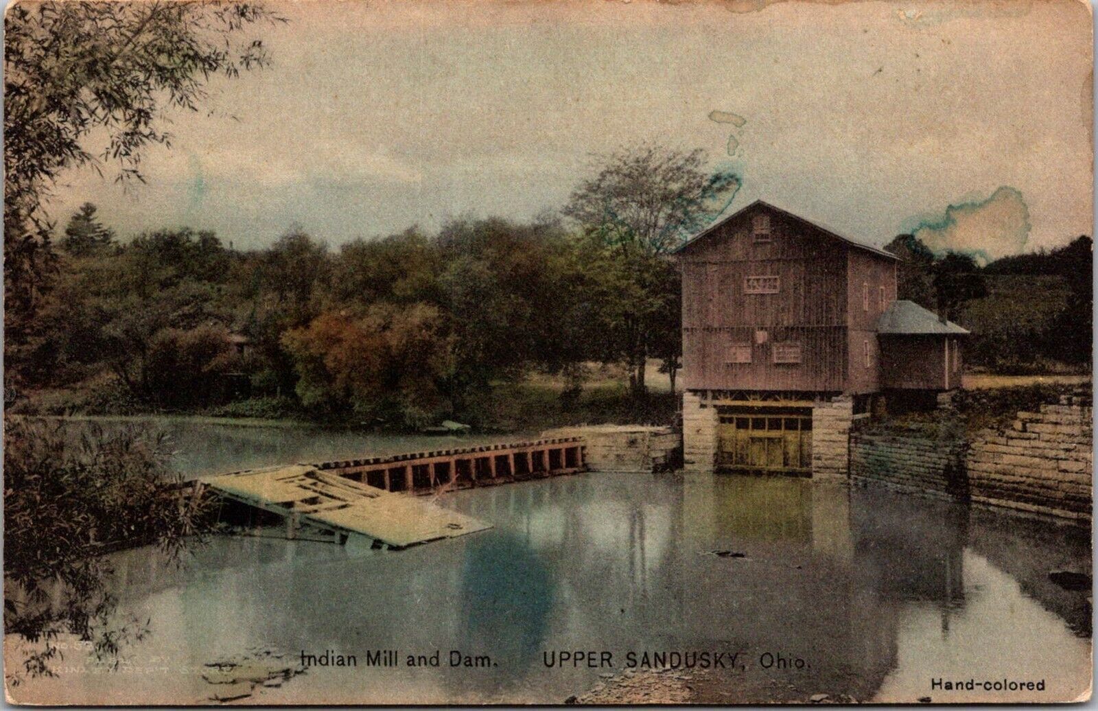Indian Mill and Dam, Upper Sandusky OH Hand Colored Vintage Postcard ...