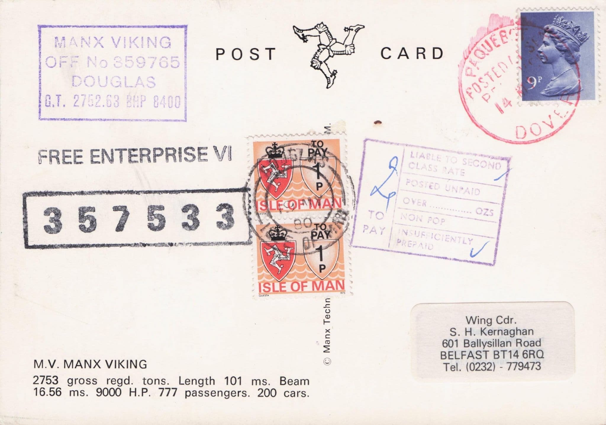 MV Manx Viking Ship Dover Isle Of Man 1980 Posted On Board Postcard ...