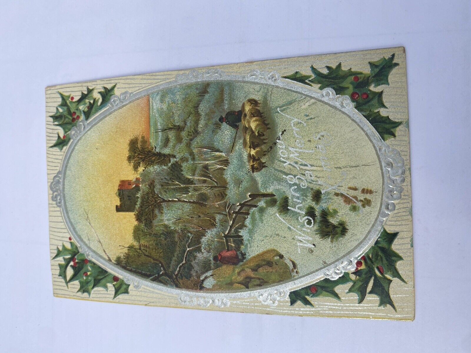 Sheep Herder Woman on Trail by Hill Castle Home Background Vintage ...