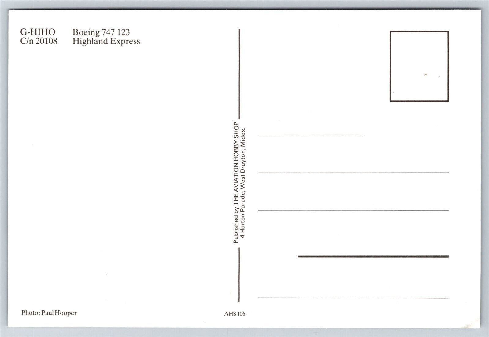 Airplane Postcard Highland Express Airlines Airways Boeing 747-123 FN43 ...