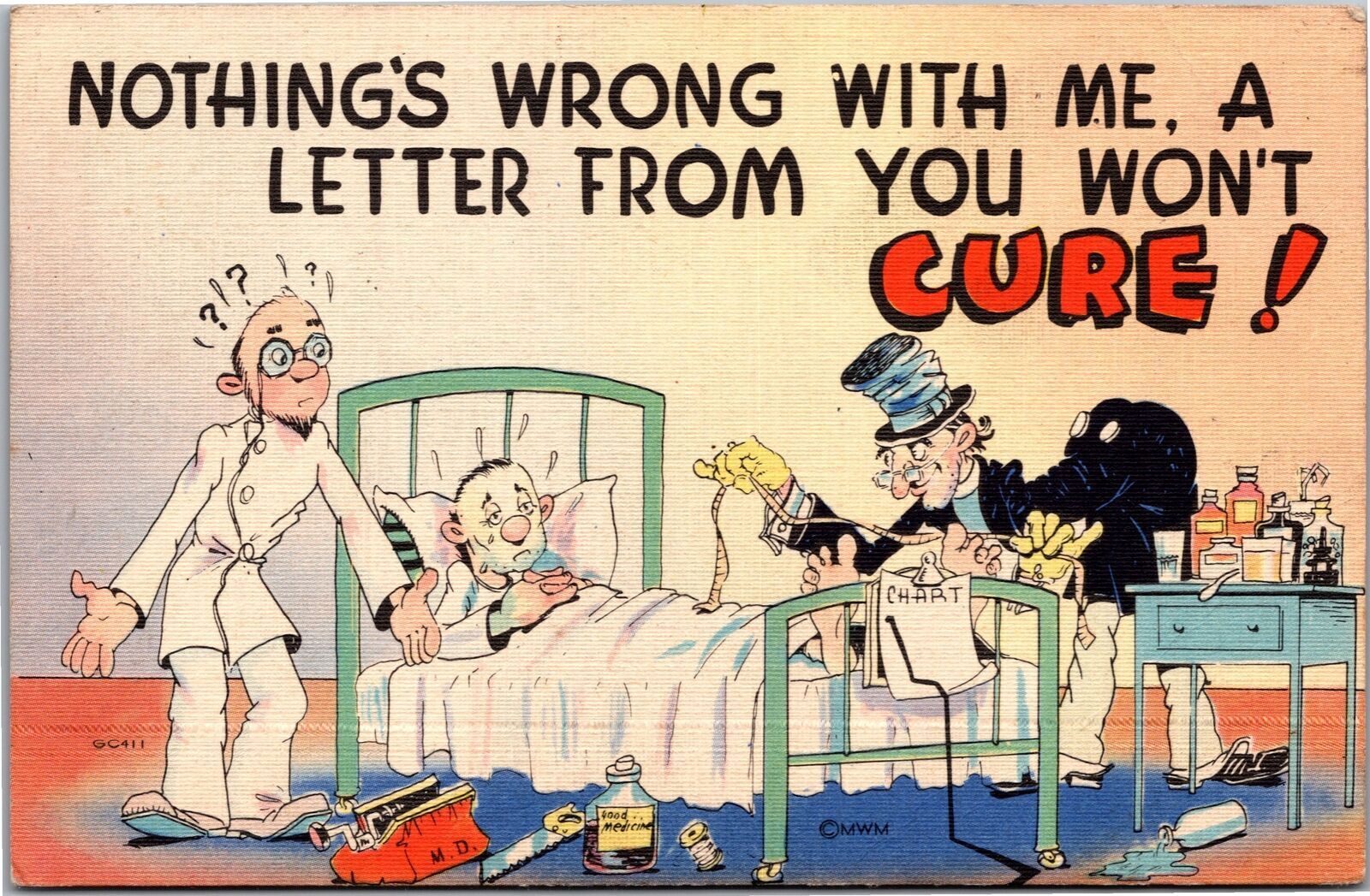 Postcard Comic doctor patient Nothing wrong a letter from you won't ...