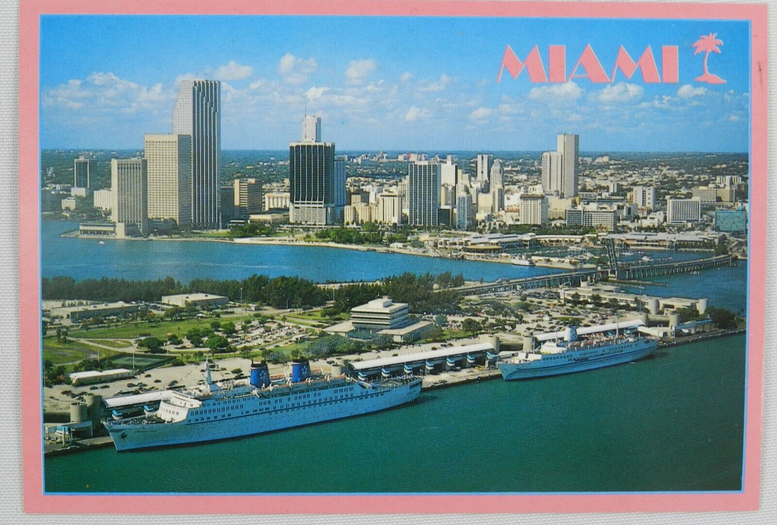 Miami Ship Docks with City Skyline Behind - Miami, Florida - Vintage ...