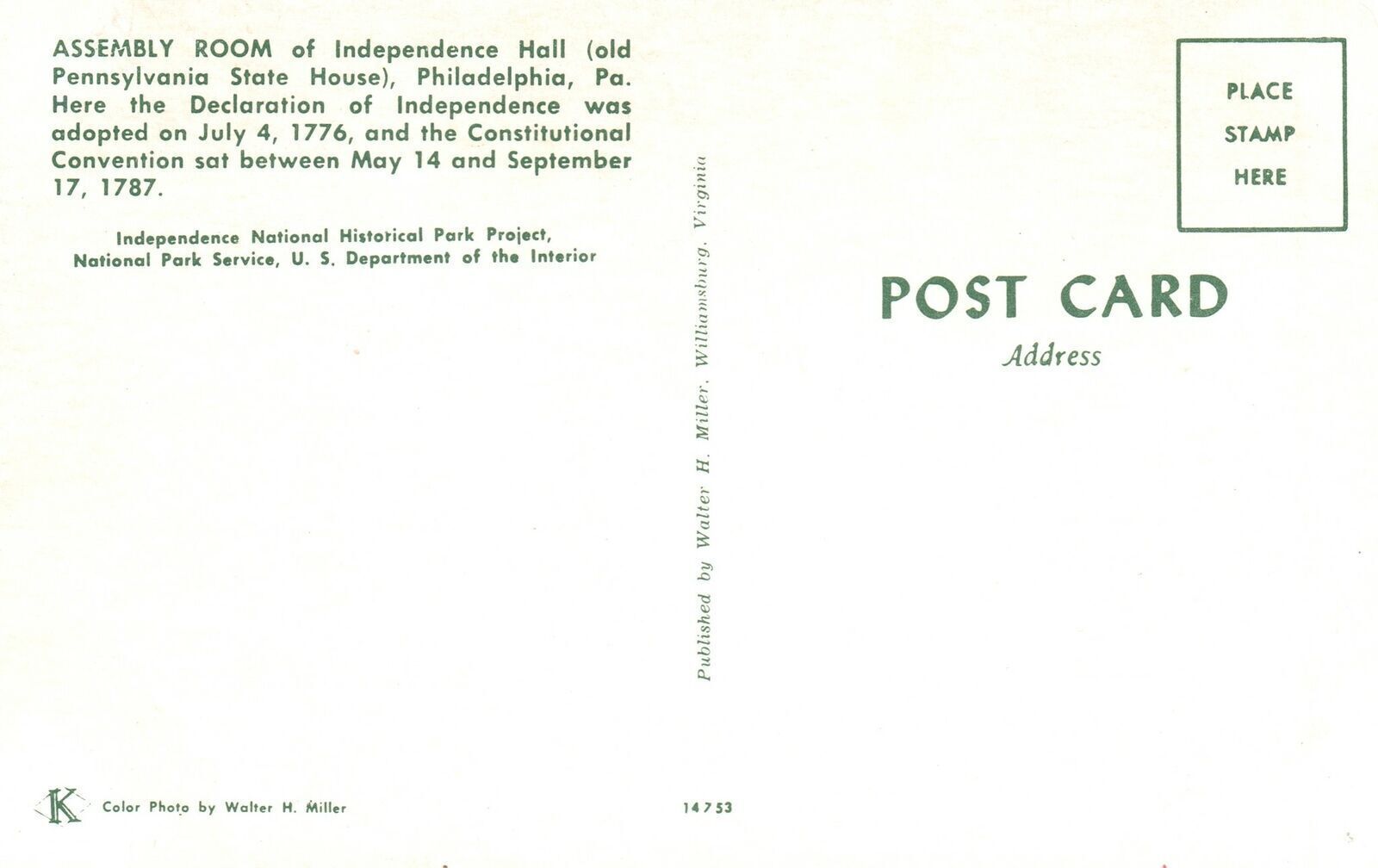 Vintage Postcard Assembly Room of Independence Hall Philadelphia ...