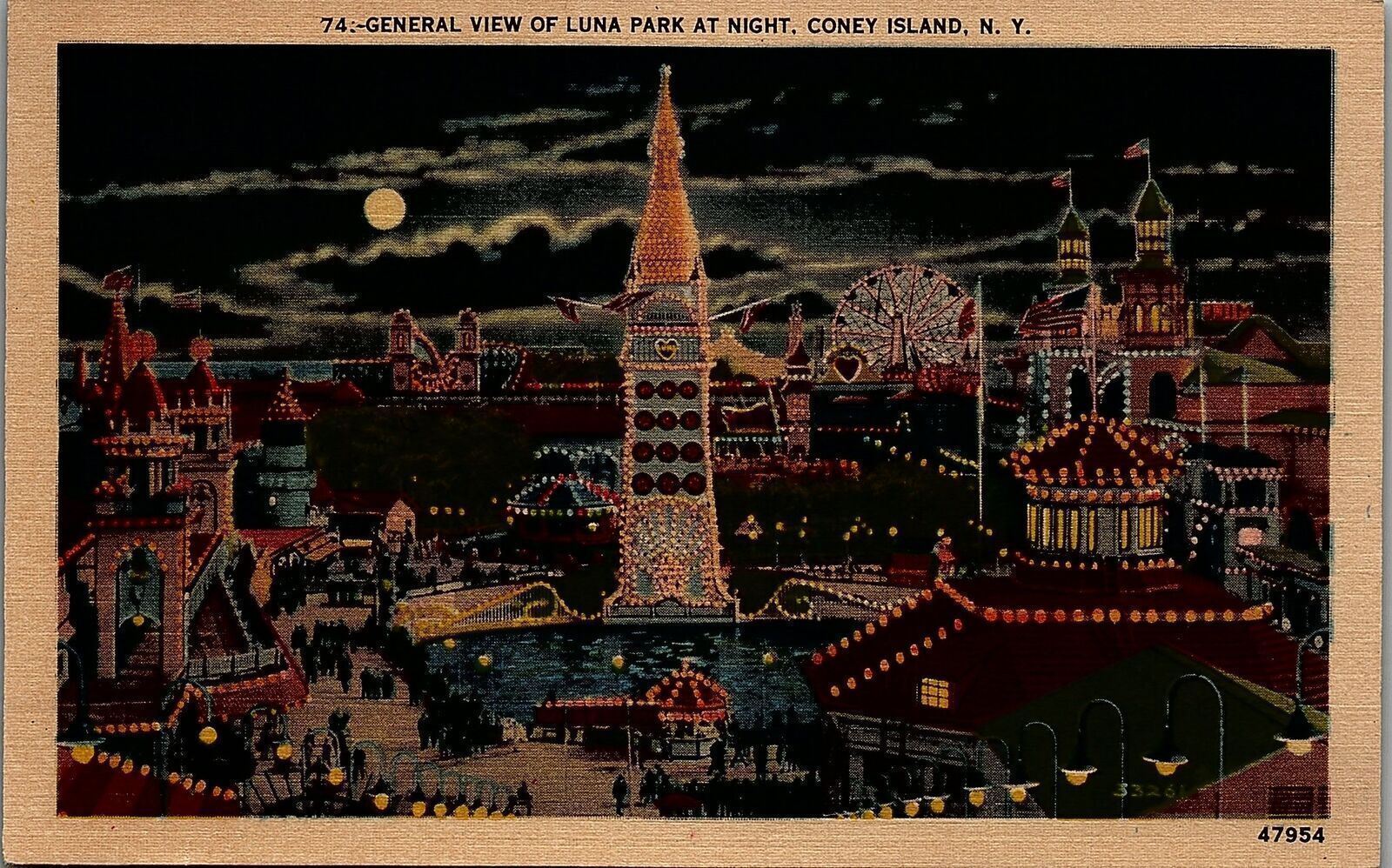 1930s Coney Island NY Luna Park at Night Ariel View Postcard 34-112 ...