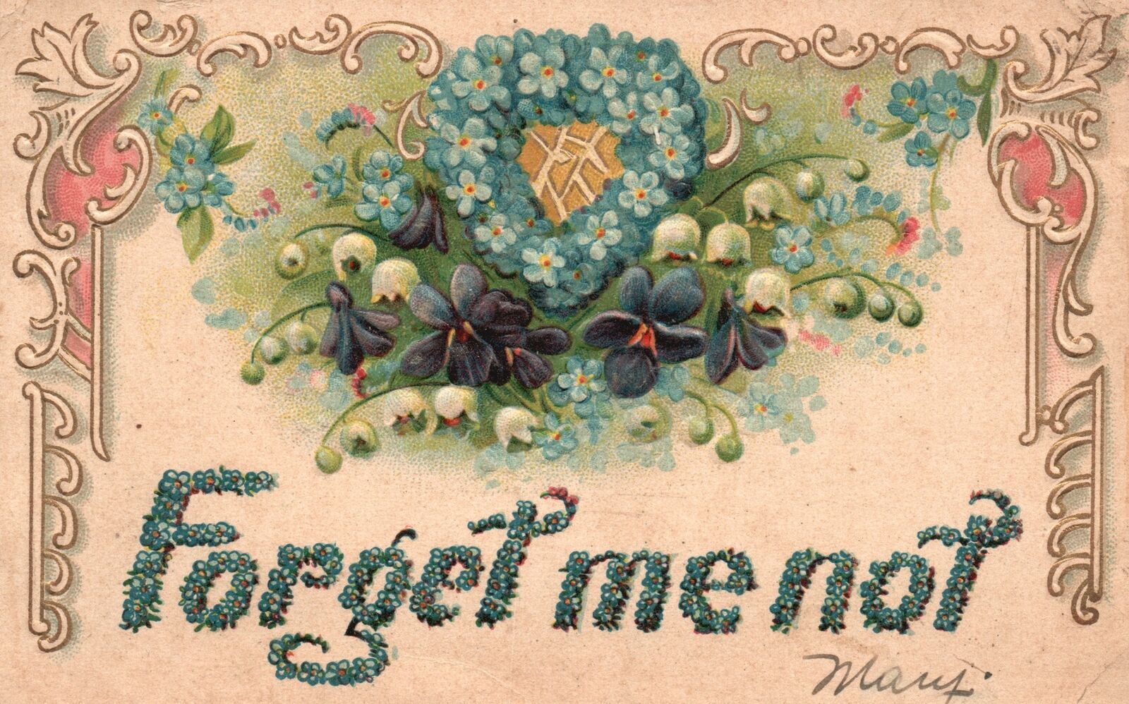 Vintage Postcard Forget Me Not Letter Petals Calligraphic Borders ...