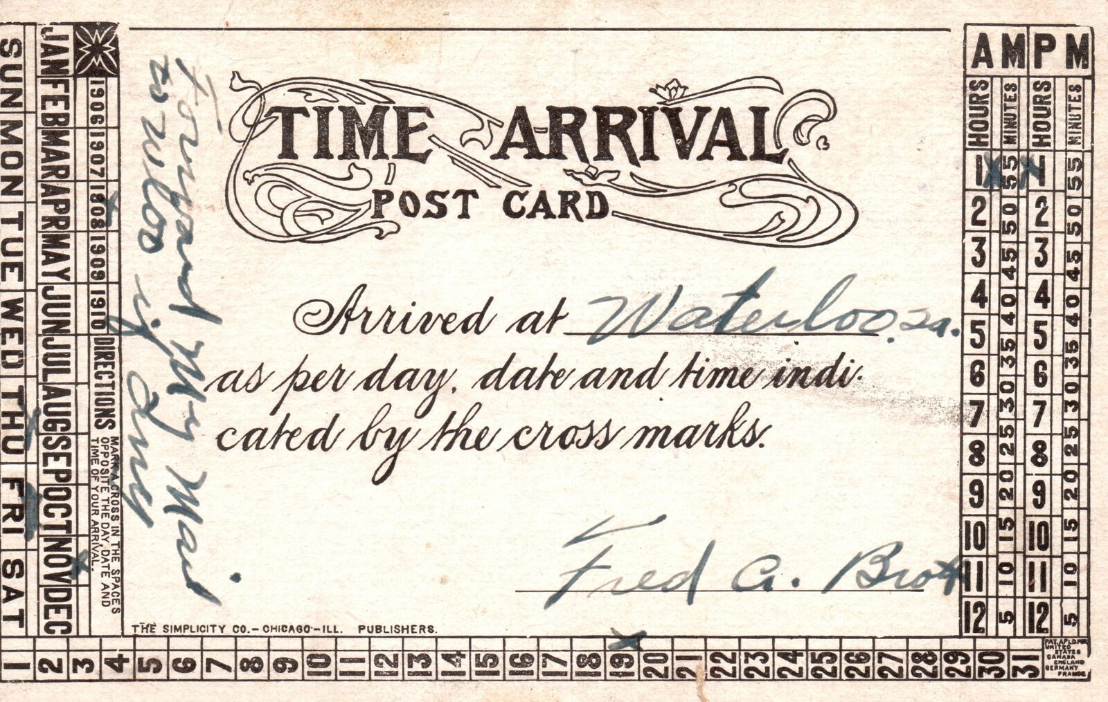 Vintage Postcard 1908 Time Arrival Arrived At As Per Day Date & Time ...