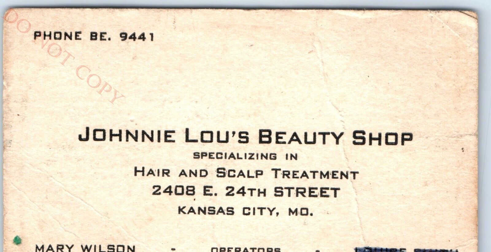 c1940s Kansas City Johnnie Lou's Hair Beauty Shop Business Card Mary ...