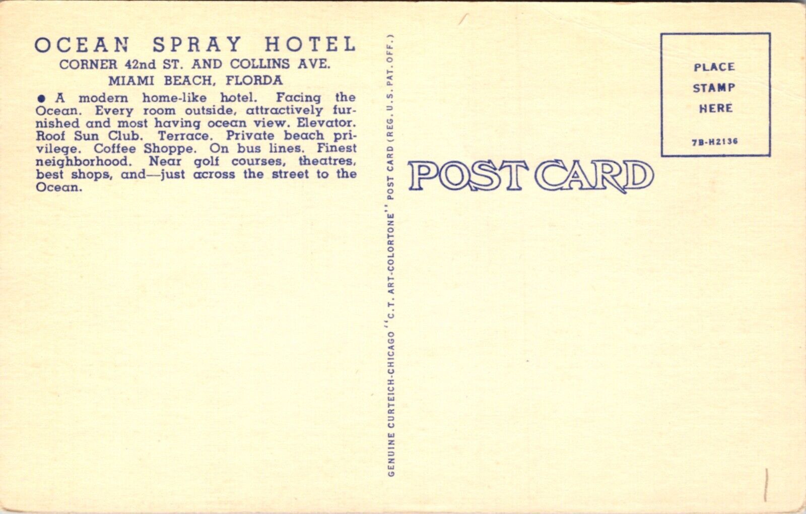 Linen Postcard Ocean Spray Hotel in Miami Beach, Florida | United ...
