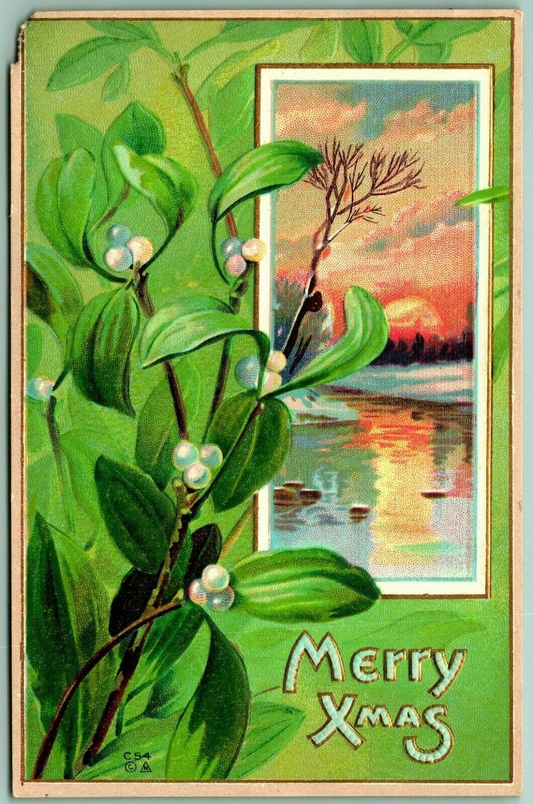 Mistletoe Sunset Scene Merry Christmas Xmas Embossed DB Postcard UNP F7 ...